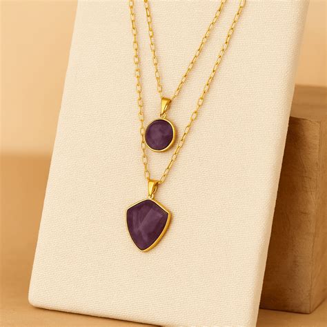 Collier Double Chaîne Fine Dorée Pendentifs En Labradorite Ou Améthys