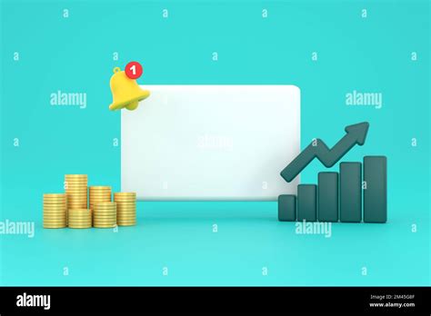 3D Empty Reminder Pop Up Notification Bell Icon With Graph And Coins