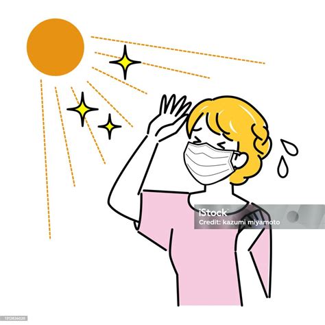여름에 마스크를 쓰고 피부가 거칠고 땀을 흘리며 가면을 쓴 심플한 벡터 로 땀을 흘리며 여름철 마스크를 쓰고 거친 피부와