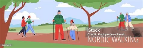 다양한 사람들이 공원에서 걷고 있는 노르딕 그림 평면 벡터 그림 지팡이로 운동하는 연령대가 다른 사람들 젊은 남자와 여자 나이 든 숙녀와 아이를 가진 할아버지 공원에 대한