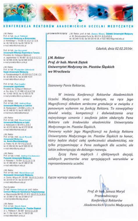 Gratulacje dla nowo wybranego rektora Uniwersytet Medyczny im Piastów Śląskich we Wrocławiu