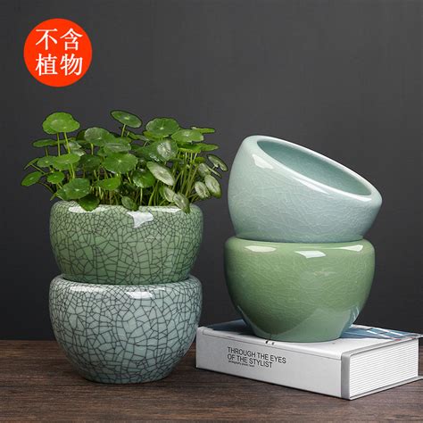 哥窑碗莲专用陶瓷花盆水养植物一叶莲睡莲盆缸铜钱草荷花水培器皿 虎窝淘