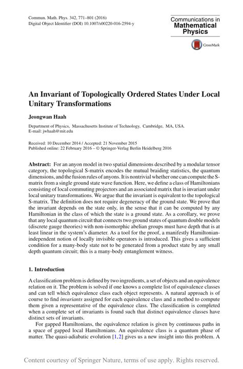 An Invariant Of Topologically Ordered States Under Local Unitary Transformations