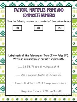 Factors Multiples Prime And Composite Numbers Activity TPT
