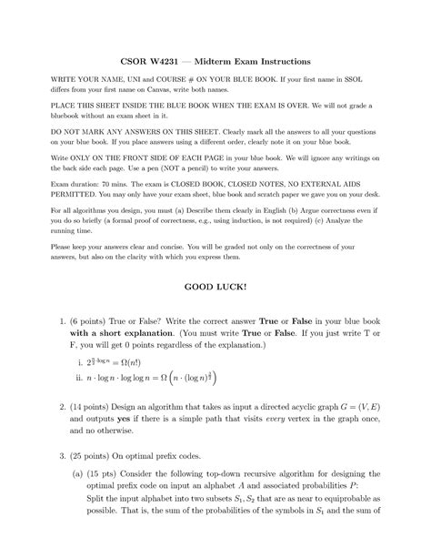 Midterm Spring 2023 Study Material CSOR W4231 Midterm Exam Instructions WRITE YOUR NAME