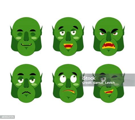 감정 오 우거입니다 Emoji 식 아바타 녹색 괴물을 설정 합니다 선과 악 고 블 린입니다 낙 심과 쾌활 한 슬 프 고 졸려 공격적이 고 귀여운 벡터에 대한 스톡 벡터 아트