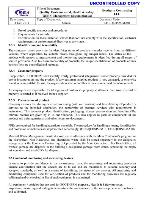 Qehs Management System Manual Ecotherm Contracting L L C