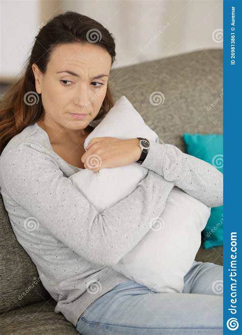Emotional Woman Cuddling Cushion Stock Image Image Of Sofa Thirties