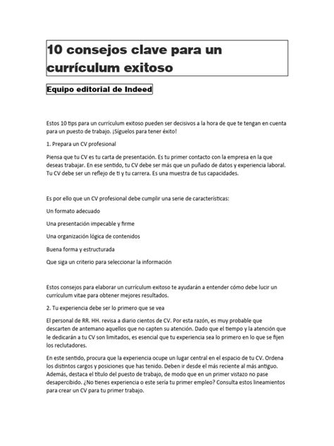 10 Consejos Clave Para Un Currículum Exitoso Pdf Plan De Estudios