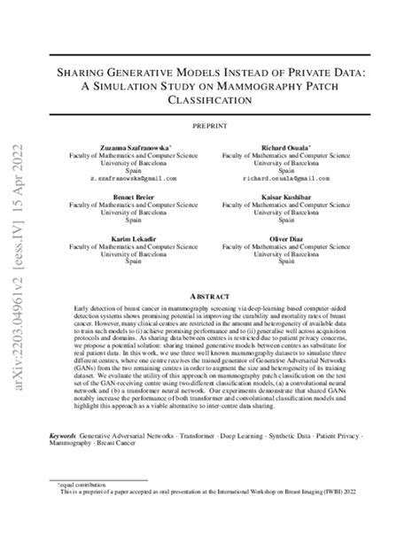 Pdf Sharing Generative Models Instead Of Private Data A Simulation