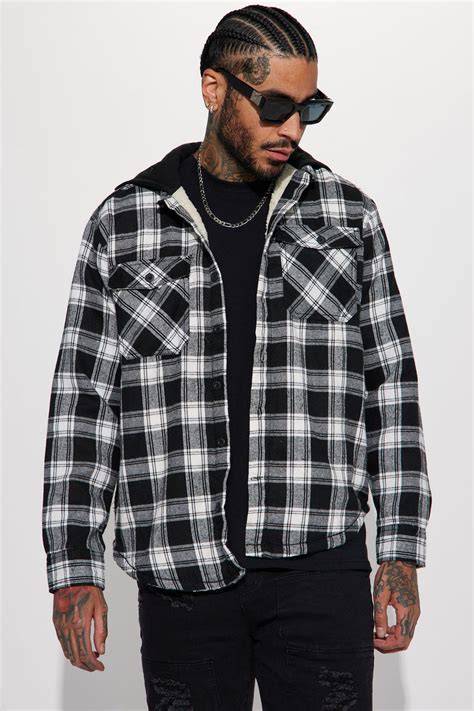 About It Hooded Flannel Shirt Blackcombo Fashion Nova Mens Shirts