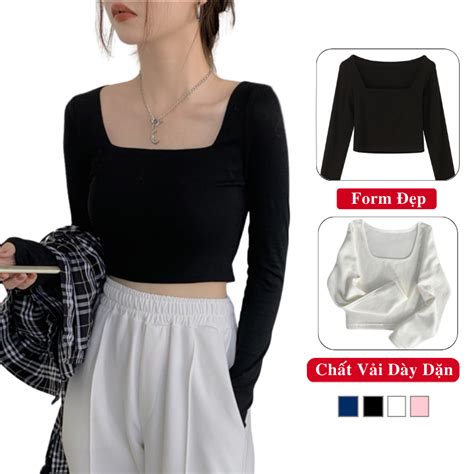 Áo Croptop Tay Dài Cổ Vuông Nữ Vải Thun Co Giãn Ôm Body Madela Áo Thun