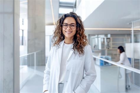 Premium Photo American Woman Scientist Wearing White Coat And Glasses