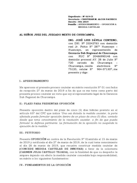 Formulo Oposición A La Medida Cautelar De No Innnovar Mandato Información Del Gobierno
