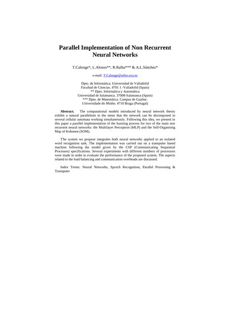 PDF Parallel Implementation Of Non Recurrent Neural Networks