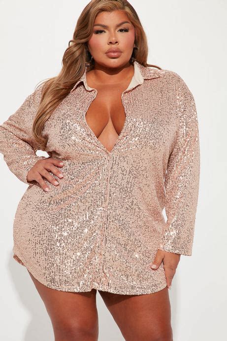 Lumina Sequin Shirt Dress Rose Gold Fashion Nova