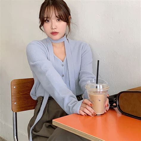 [니트 스카프set 여리핏]뽀송브이가디건 롱타이set 에이블리