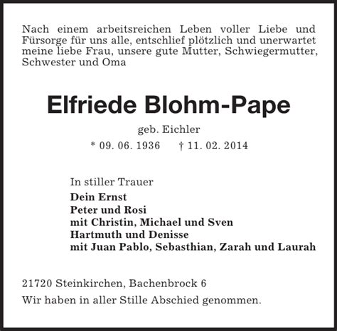 Elfriede Blohm Pape Traueranzeige Stader Tageblatt