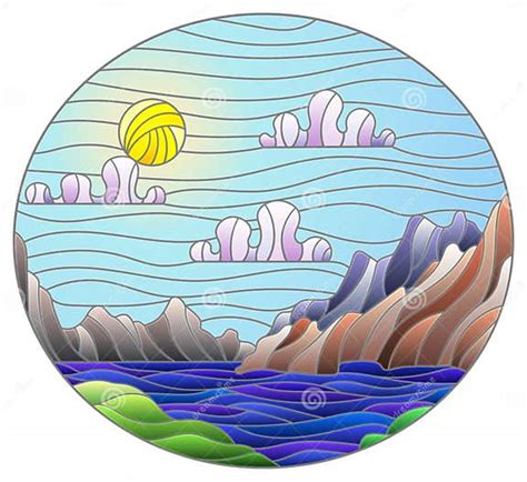 带有野景的彩色玻璃插图，湖泊在山脉背景中，天空的椭圆形图像 向量例证 插画 包括有 生活 装饰 204107836