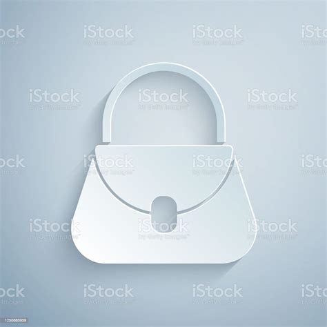 회색 배경에 격리 된 종이 컷 핸드백 아이콘 여성 핸드백 사인 매력적인 캐주얼 수하물 기호 종이 아트 스타일 벡터 일러스트레이션