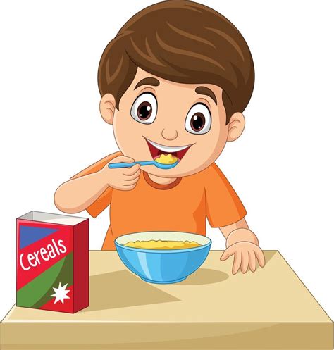 Dessin Animé Petit Garçon Ayant Des Céréales Pour Le Petit Déjeuner