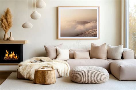 Warm And Inviting Living Room With Chunky Knit Pouf Fur Blanket And