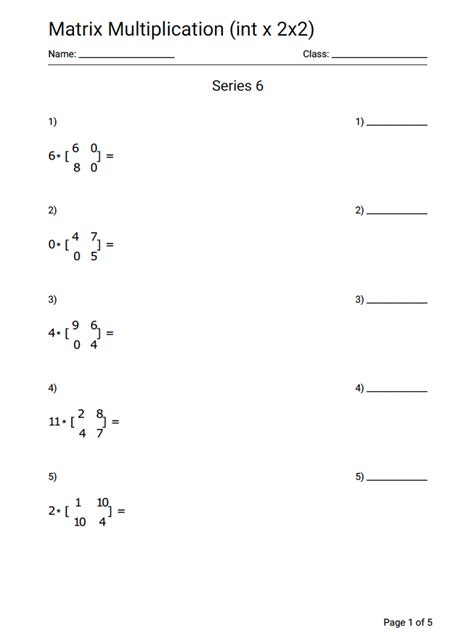 Math Matrix Multiplication Int Times X Matrix Worksheet Series