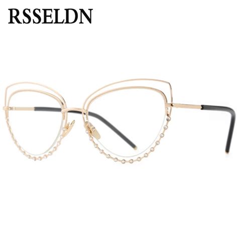 Rsseldn Gold Rhinestone Cat Eye Glasses Frames For Women Clear Lens High Quality Brand