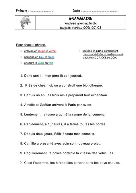 Analyse Grammaticale 02 Sujets Verbes Cod Cc