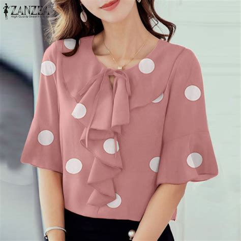 ZANZEA Korean Style Women S Formal Office Blouse Tops Casual Polka Dots