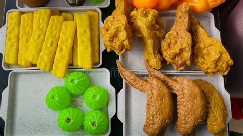 Colorful Plastic Toy Food Display On Trays Stock Image Image Of