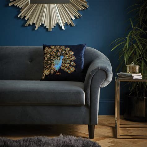 Navy Embroidered Peacock Cushion Dunelm