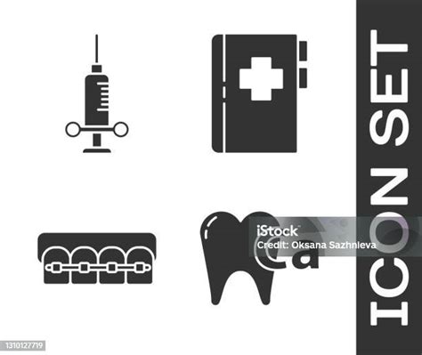 치아용 칼슘 치과 의료 주사기 중괄호가있는 치아 및 치과 카드 아이콘이있는 클립 보드를 설정합니다 벡터 건강 진단에 대한 스톡 벡터 아트 및 기타 이미지 Istock