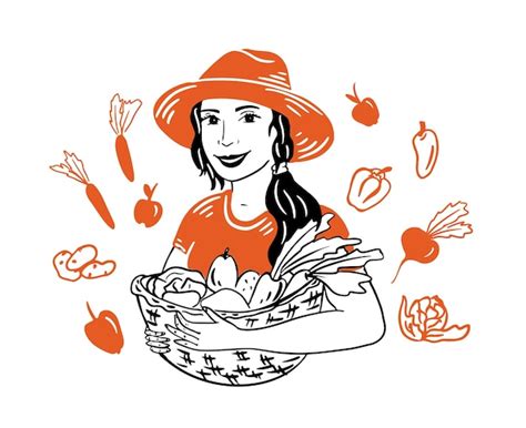Premium Vector Farmer Girl Holding A Basket Of Vegetables And Fruits