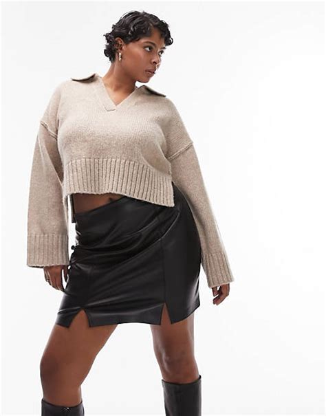 Topshop Curve Leather Look Split Detail Mini Skirt In Black Asos