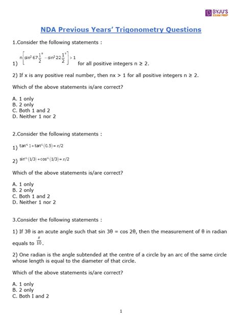 Trigonometry Pyqs Nda 18 Pdf Angle Triangle