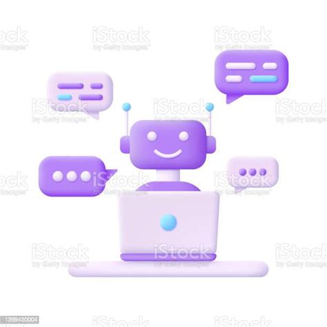 3d 챗봇과 노트북은 흰색 배경에 고립되어 있습니다 Ai 어시스턴트 지원 및 Faq 개념 귀여운 로봇 개념에 대한 스톡 벡터