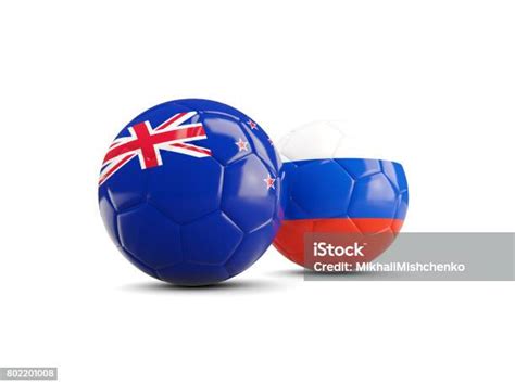 뉴질랜드 및 러시아 흰색 절연의 플래그와 두 개의 축구공 3차원 형태에 대한 스톡 사진 및 기타 이미지 3차원 형태 Championship Soccer