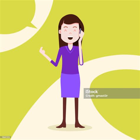 디자인 작업 및 노란 배경 전체 길이 플랫 사람에 애니메이션에 대 한 하이 틴 문자 행복 전화 여성 서식 파일 개체 그룹에 대한 스톡 벡터 아트 및 기타 이미지 Istock