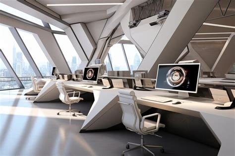 Hightech Office With Multiple Computer Monitors A Premium AI