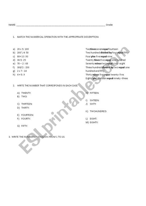 Mathematical Operations Numbers Esl Worksheet By Princess1707