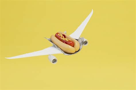 패스트 푸드에 대한 사랑의 개념 노란색 배경에 비행기의 날개에 비행 핫도그 3d 렌더링 건강하지 못한 생활방식에 대한 스톡 사진