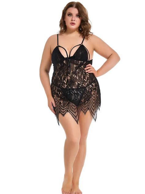 Plus Size Contrast Lase Solid Sexy Lingerie Cami Dress Womens Plus