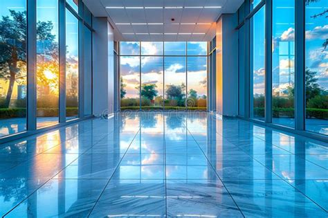 A Large Empty Room With Large Windows And A View Of The Sunset Stock