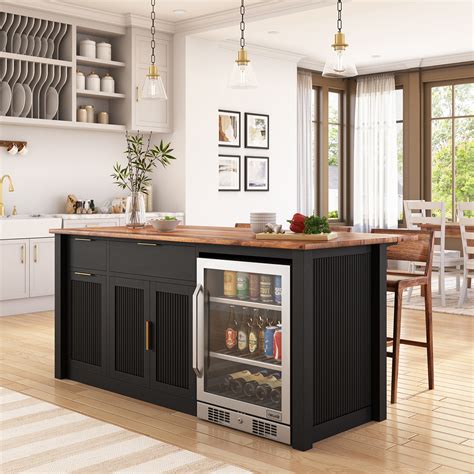Bryan Fluted Farmhouse Black Drop Leaf Kitchen Island With Wine Fridge