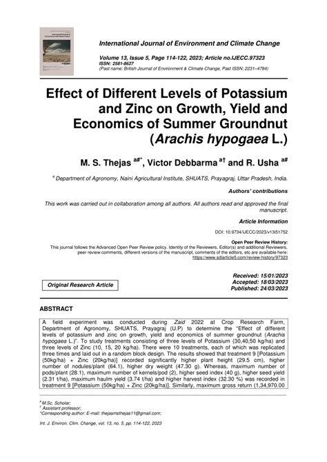 Pdf Effect Of Different Levels Of Potassium And Zinc On Growth Yield And Economics Of Summer