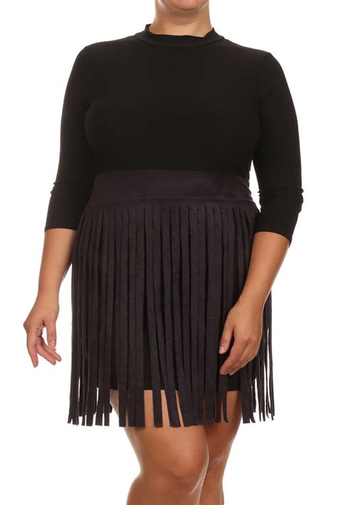 Plus Size Suede Fringe Skirt Black Dress Plussizefix
