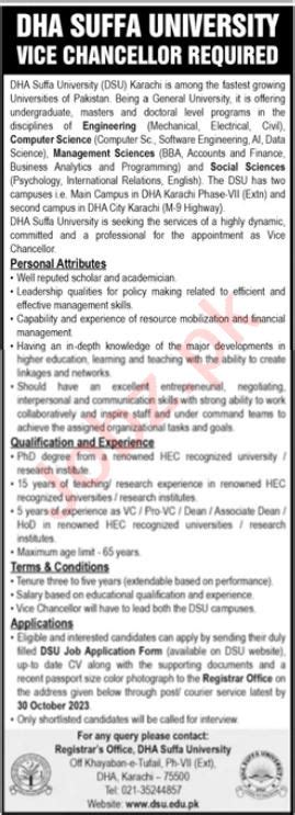 DHA Suffa University Jobs 2023 In Karachi 2024 Job Advertisement Pakistan