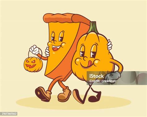 ハロウィーンのグルーヴィーなカボチャとパイのレトロなキャラクター漫画のお菓子ケーキプディングジャックoランタンと歩くベクトル秋の休日の