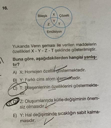 16 1 Bileşik Z X Y Çözelti T Emülsiyon Yukarıda Venn Kimya